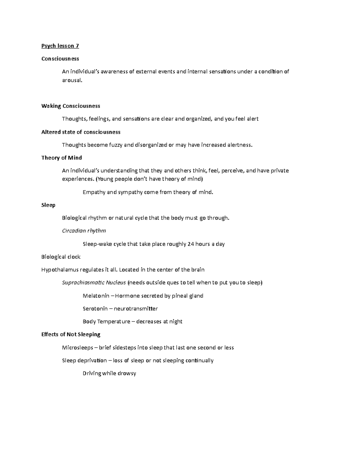 Psych lesson 7 - Lecture notes 7 - Psych lesson 7 Consciousness An ...