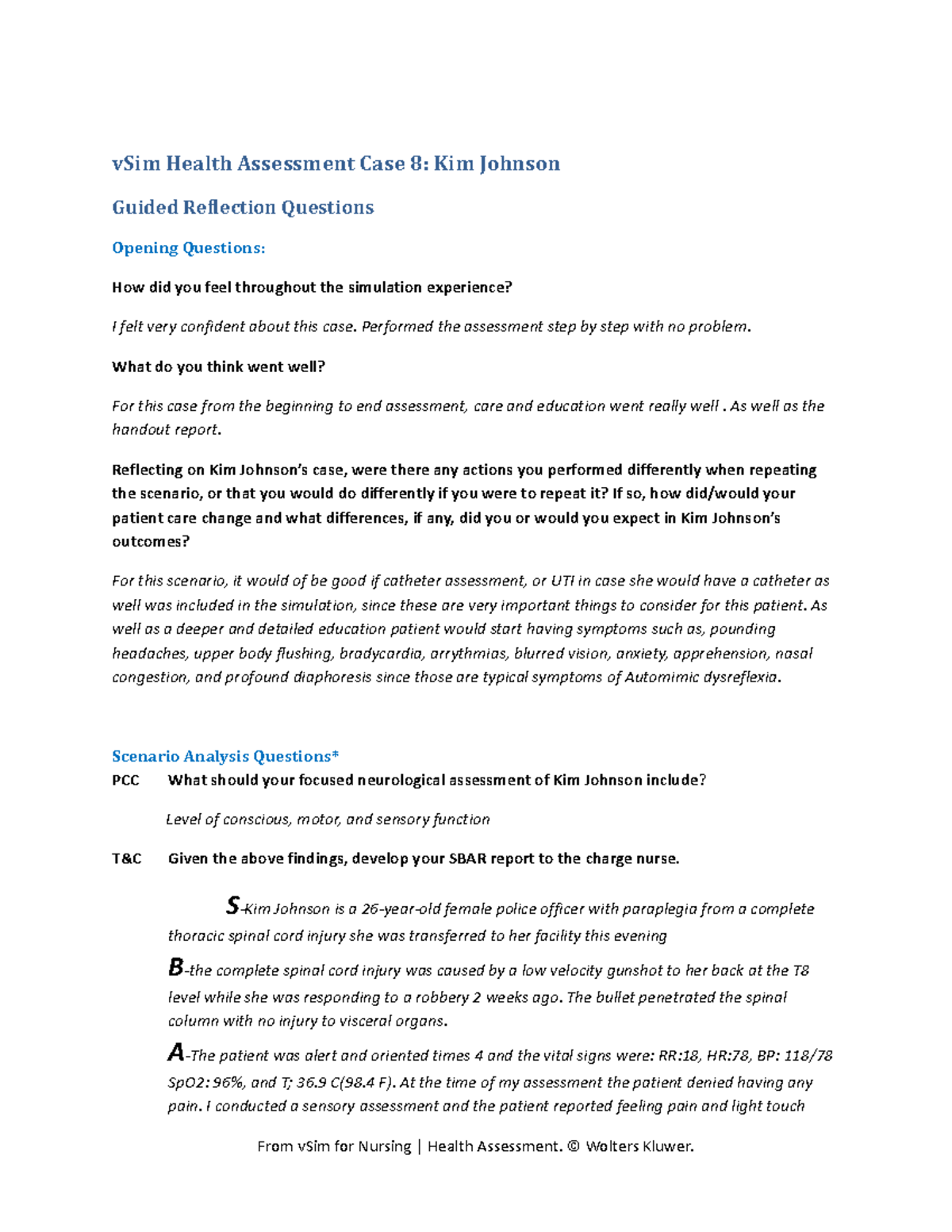 V Sim K.Johnson Reflection NUR3069 L - vSim Health Assessment Case 8 ...