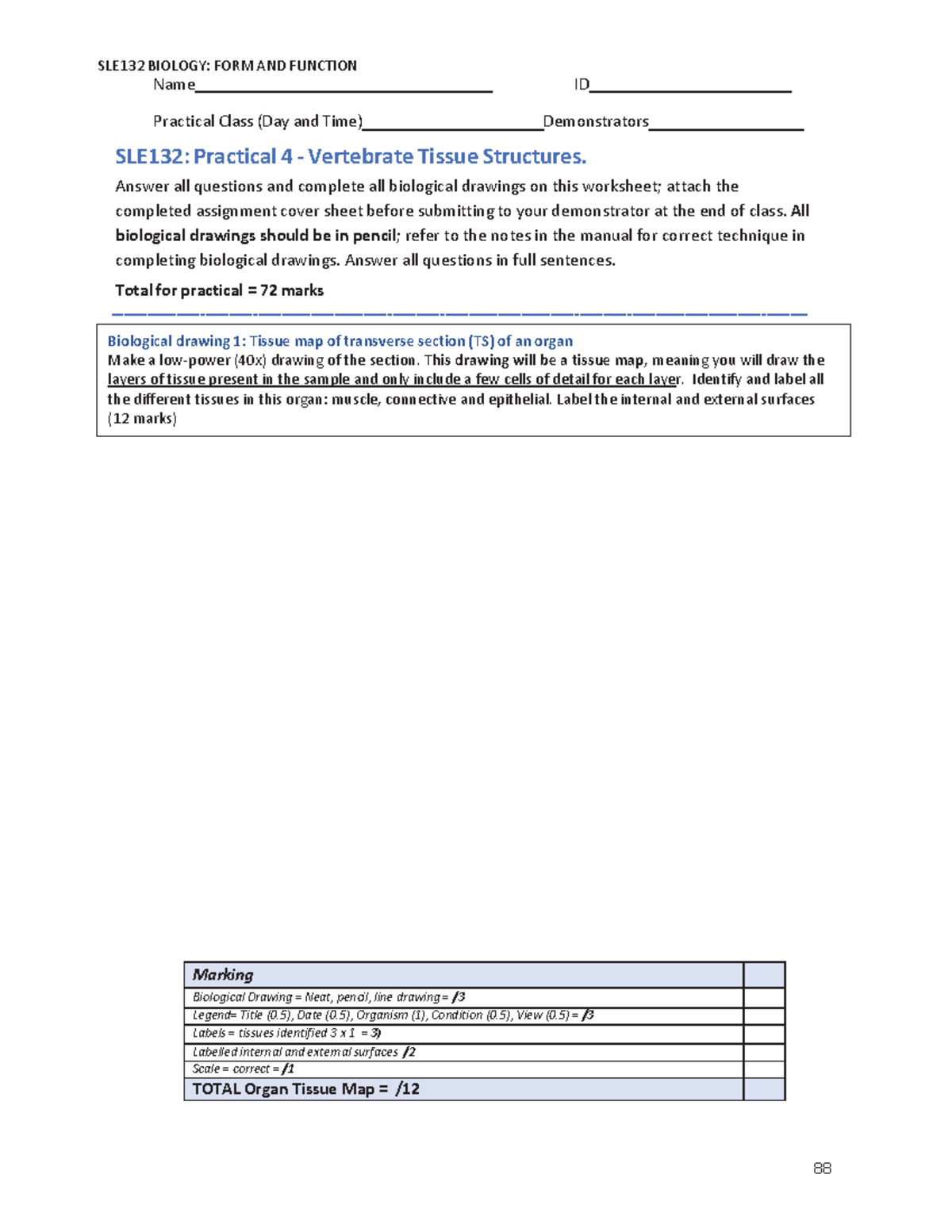 SLE132 Practical 4 Worksheets - Biological drawing 1: Tissue map of ...