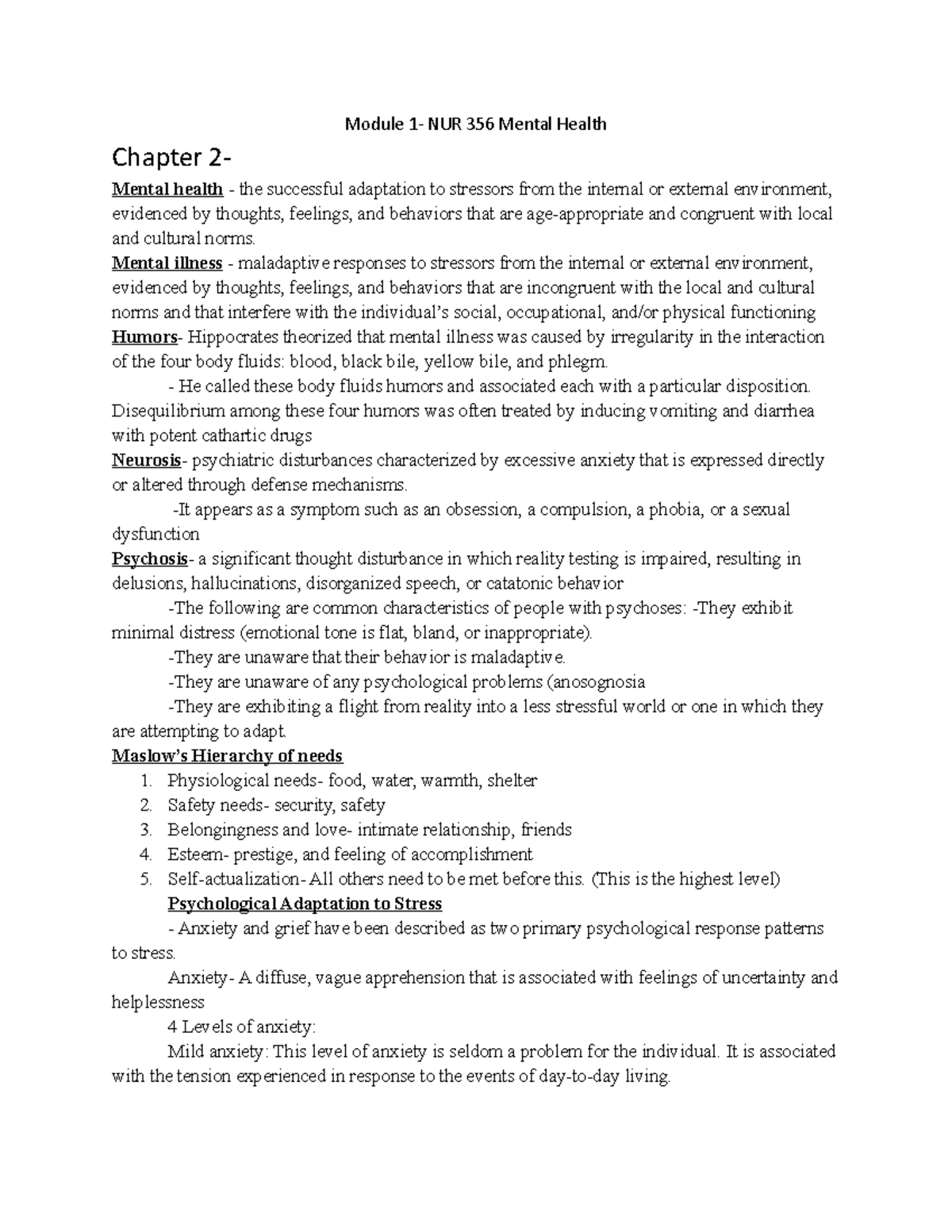 Module 1- Mental Health In-class notes - Module 1- NUR 356 Mental ...