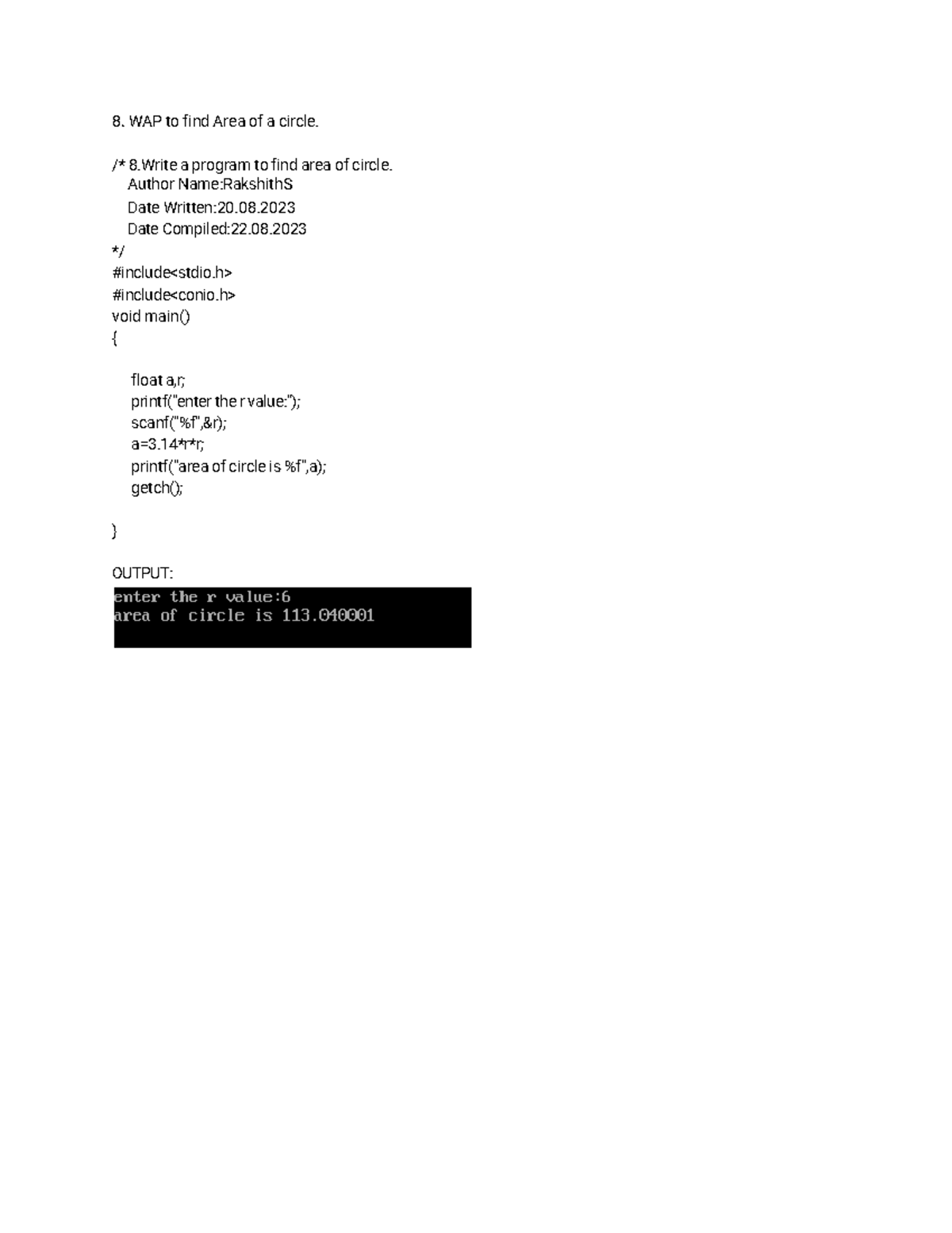 Rakshith S -pl 3 - C++ lab programs - WAP to find Area of a circle ...