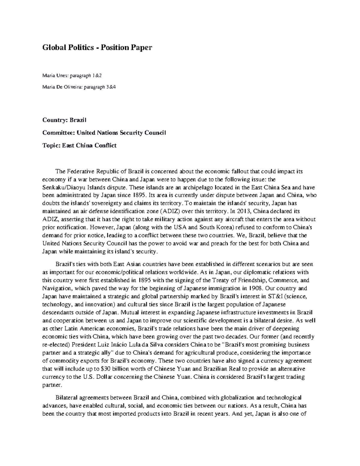 Global Politics Position Paper - Global Politics - Position Paper Maria ...