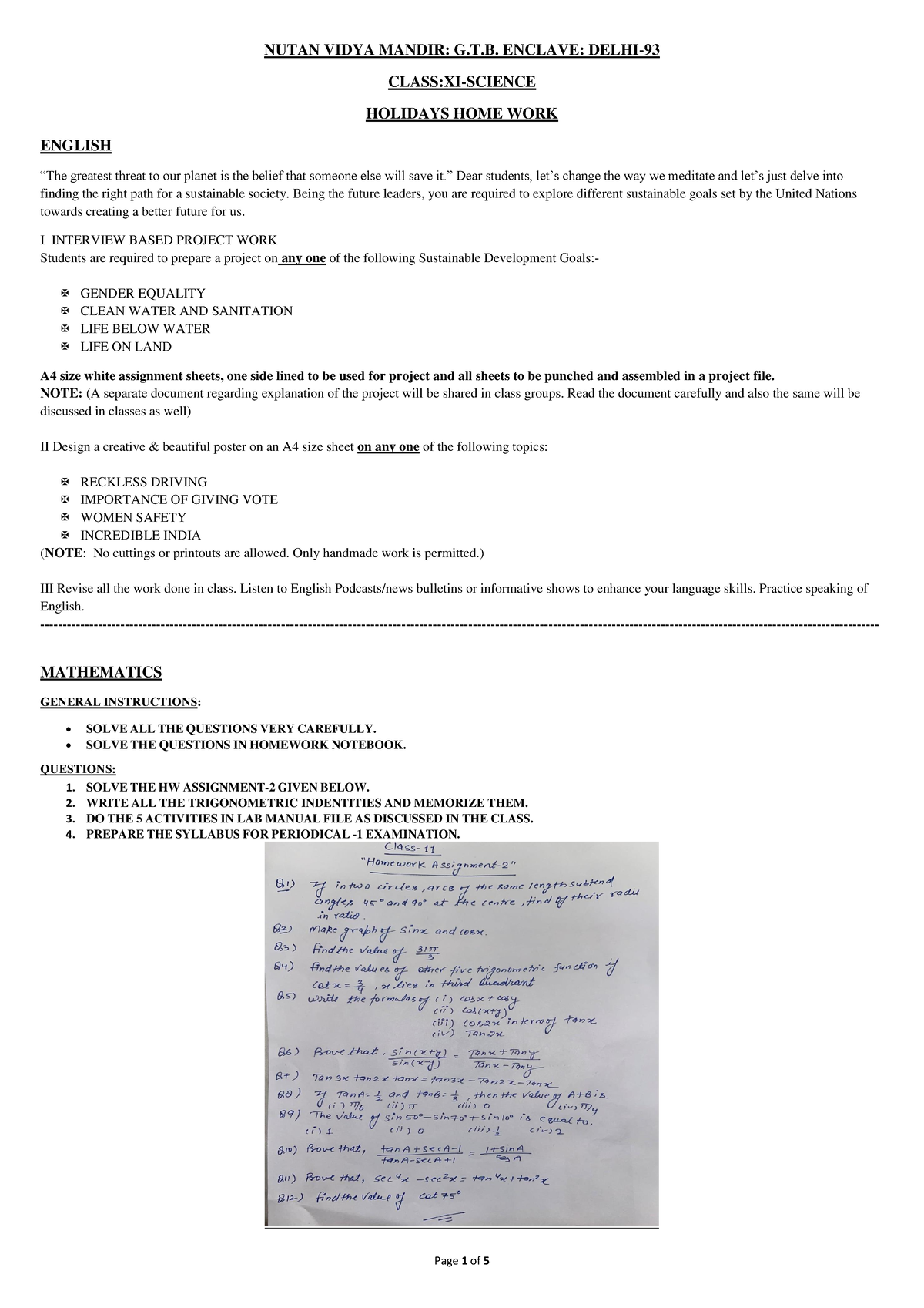 XI Science HHW - NUTAN VIDYA MANDIR: G.T. ENCLAVE: DELHI- CLASS:XI ...