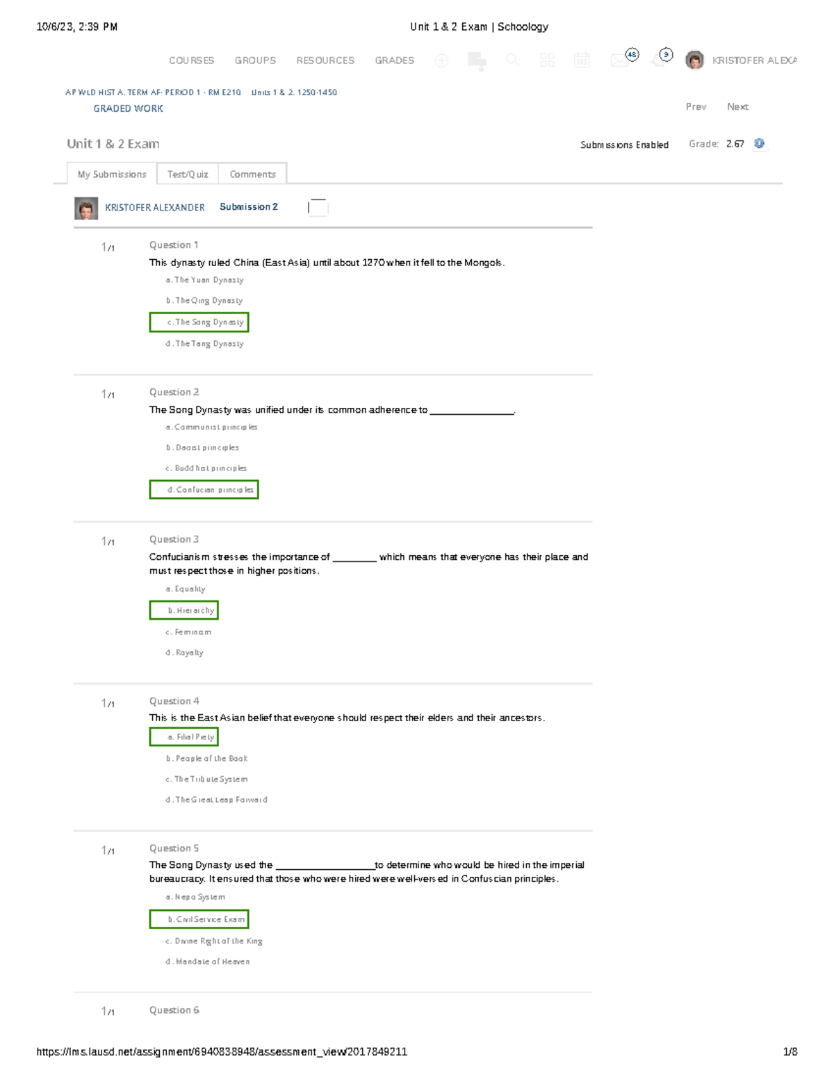 Unit 3 Exam Schoology - Prev Next My Submissions Test/Quiz Comments ...