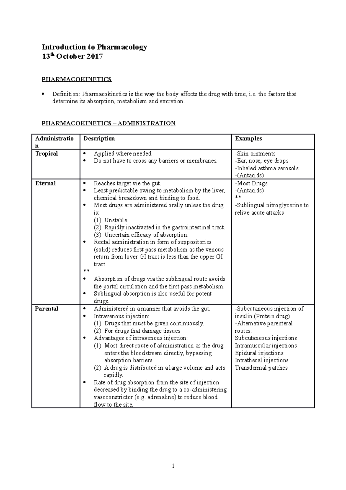 Pharmacokinetics - Lecture notes 1.01 - Introduction to Pharmacology 13 ...