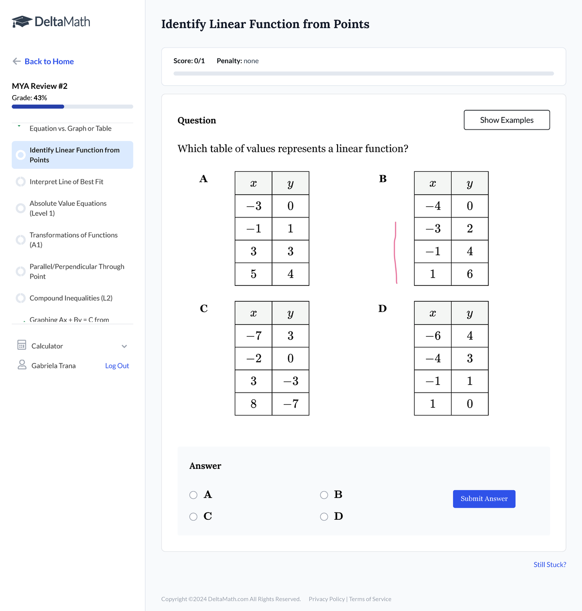 Delta Math Student Application - Identify Linear Function from Points ...