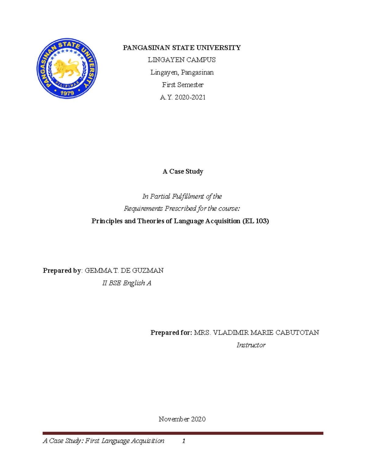 De guzman gemma t - Case study - BS. education - PangSU - Studocu