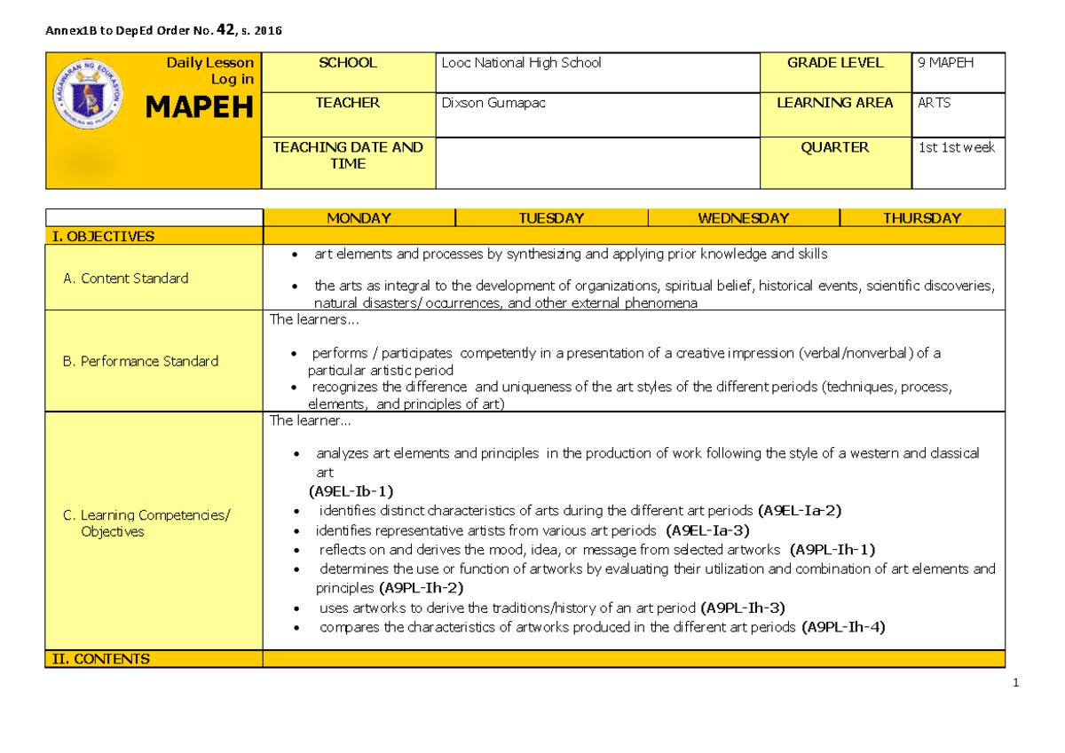 Q1 Grade 9 ARTS DLL Week 1 - MONDAY TUESDAY WEDNESDAY THURSDAY I ...