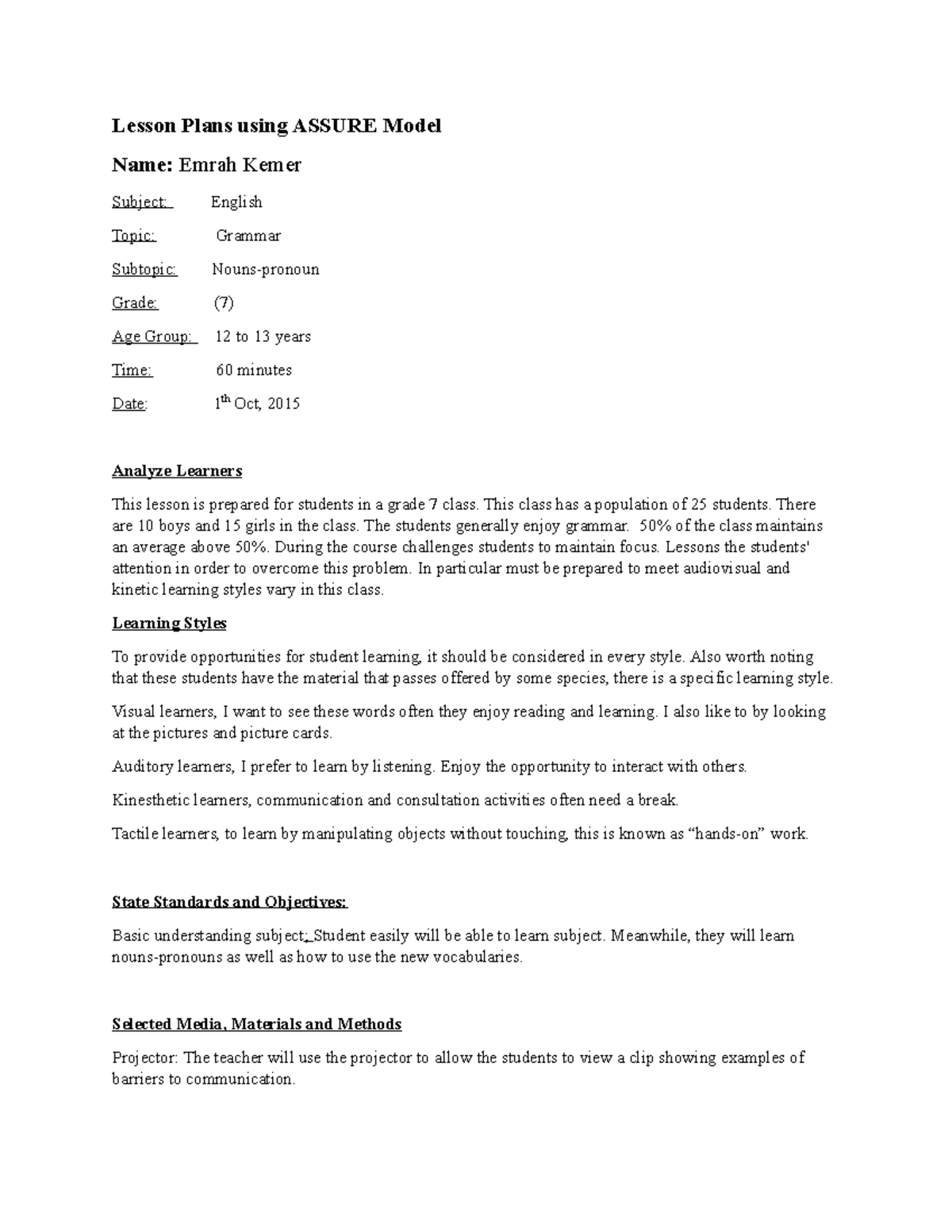 Assure Model Lesson Plan Sample