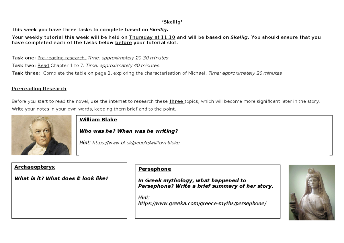Skelling Worksheet - ‘Skellig’ This week you have three tasks to ...