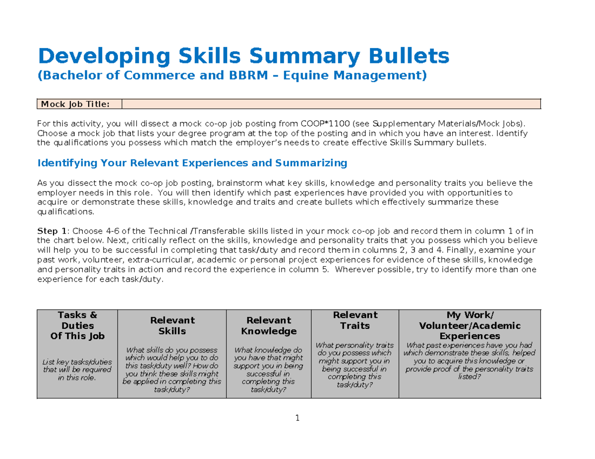04 Developing Skills Summary Bullets Activity - Commerce - Developing ...