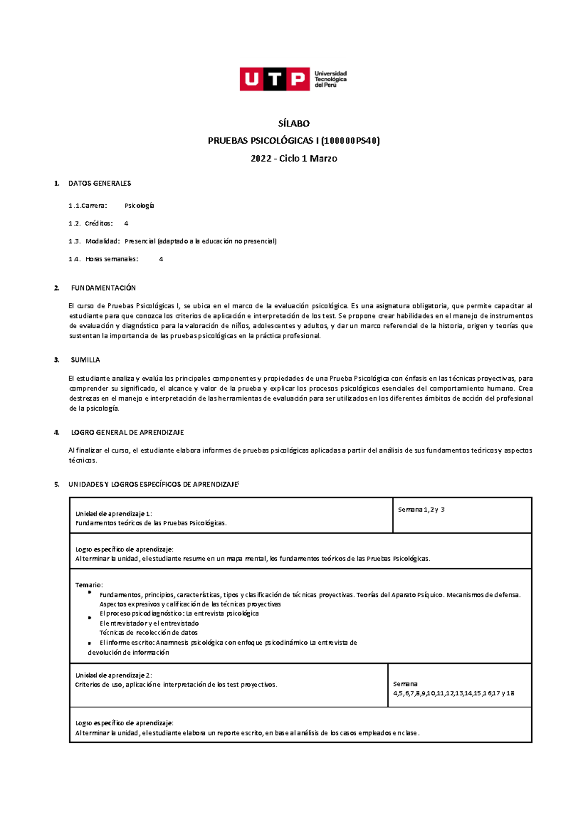 100000 PS40 Pruebas Psicologicas I - SÕLABO PRUEBAS PSICOL”GICAS I (100000PS40) 2022 - Ciclo 1 ...