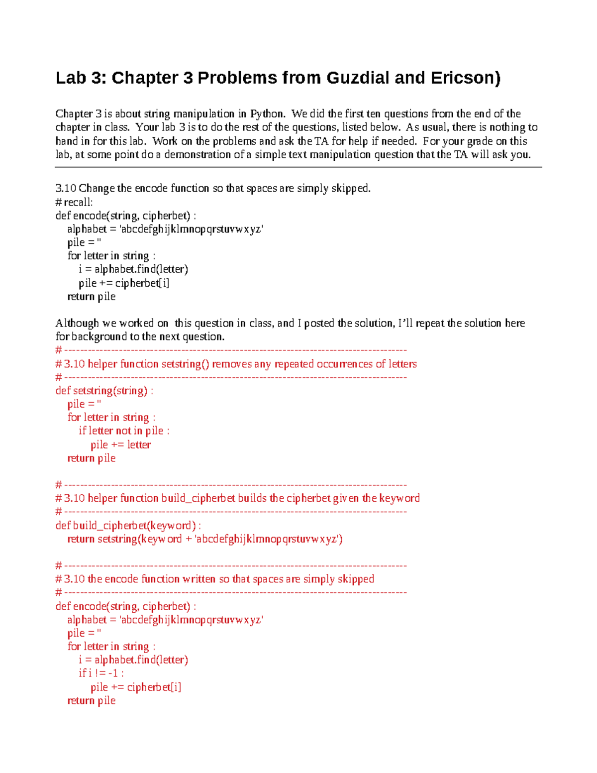 Lab3 - lab - Lab 3: Chapter 3 Problems from Guzdial and Ericson) Chapter 3 is about string - Studocu