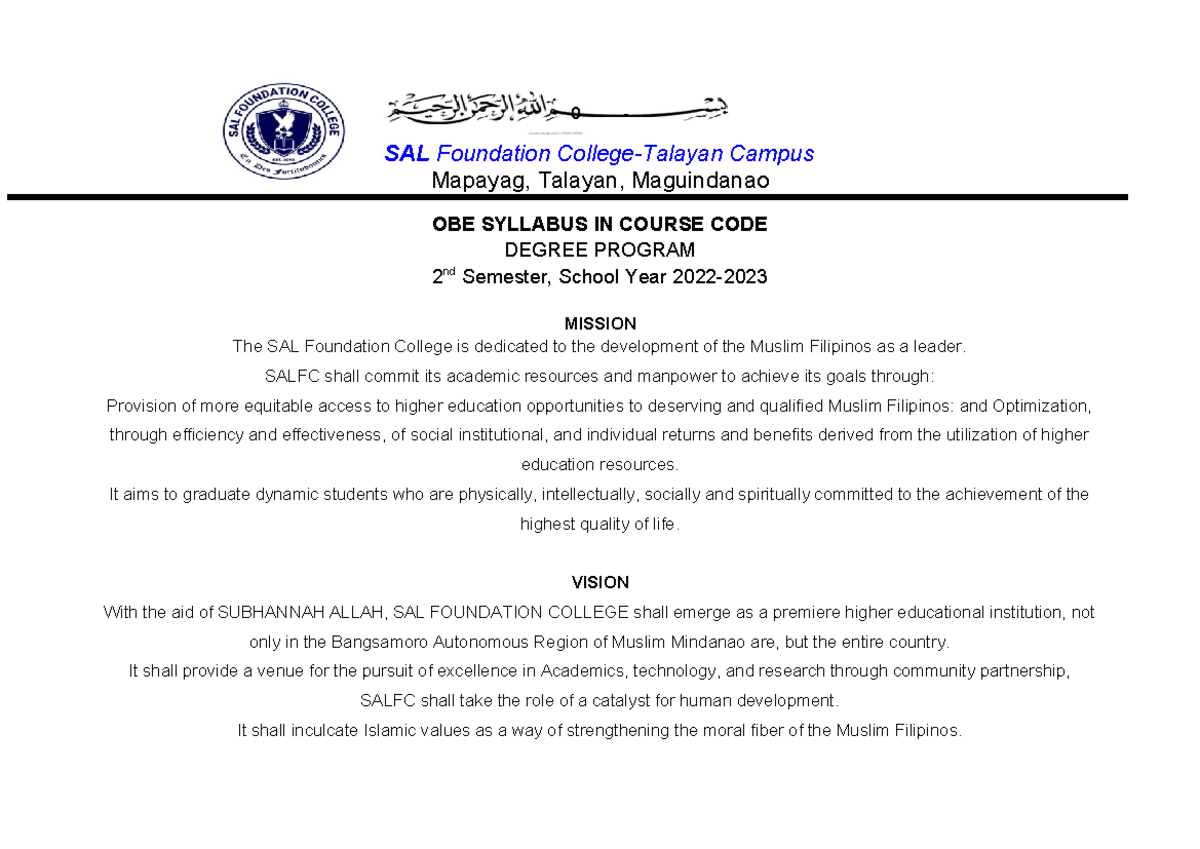 Fahad Syllabus - PRACTICE - 0 - SAL Foundation College-Talayan Campus ...