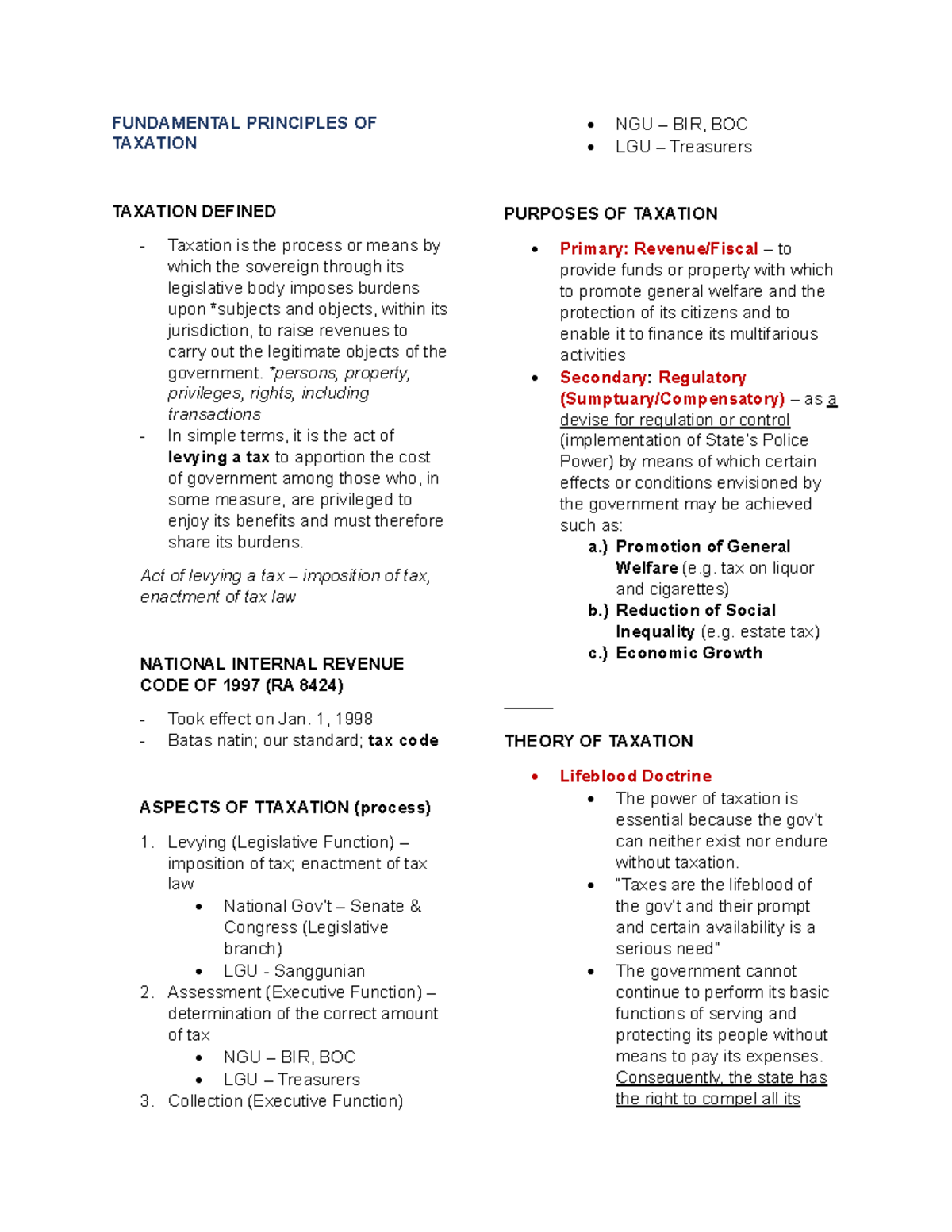 Fundamental Principles of Taxation - FUNDAMENTAL PRINCIPLES OF TAXATION TAXATION DEFINED ...