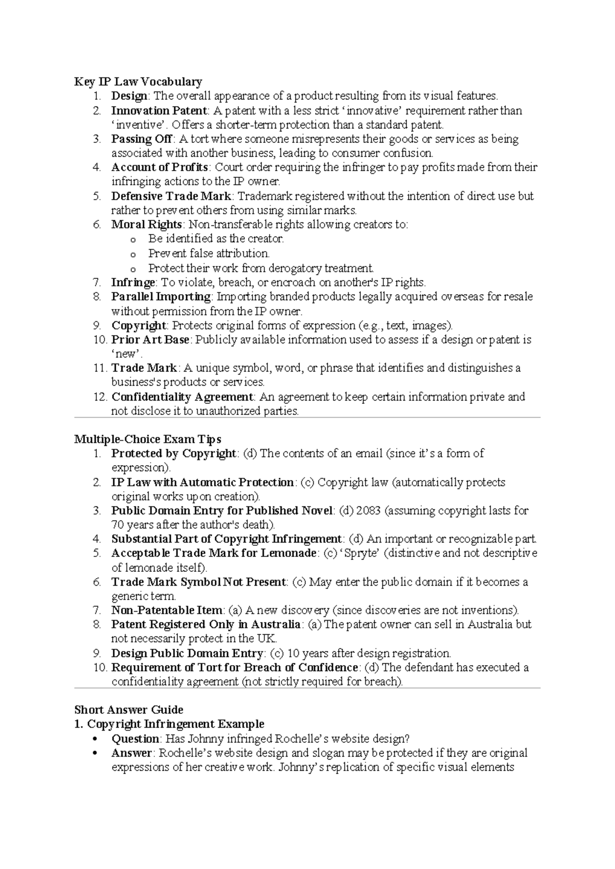Key IP Law Vocabulary - Business Law Key Notes - Key IP Law Vocabulary ...