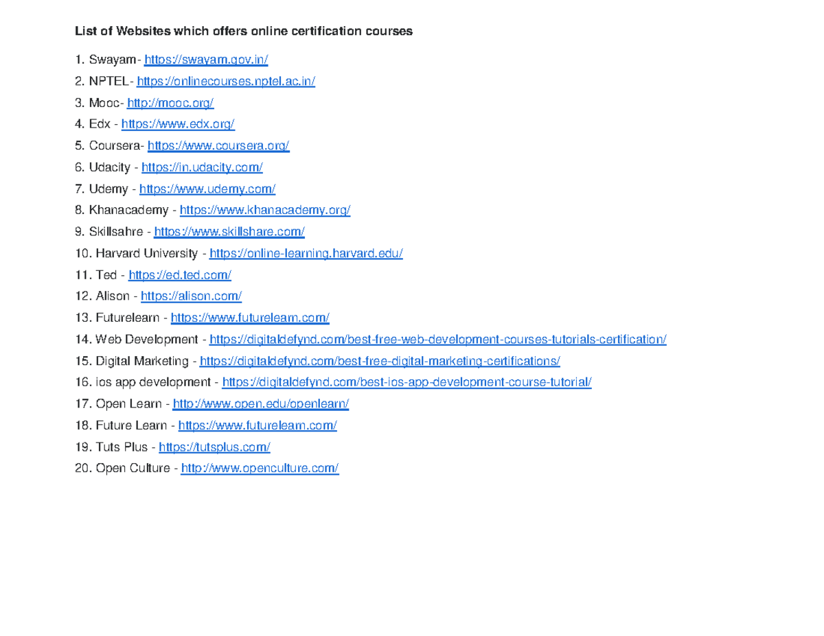 Online certificate courses websites - List of Websites which offers ...