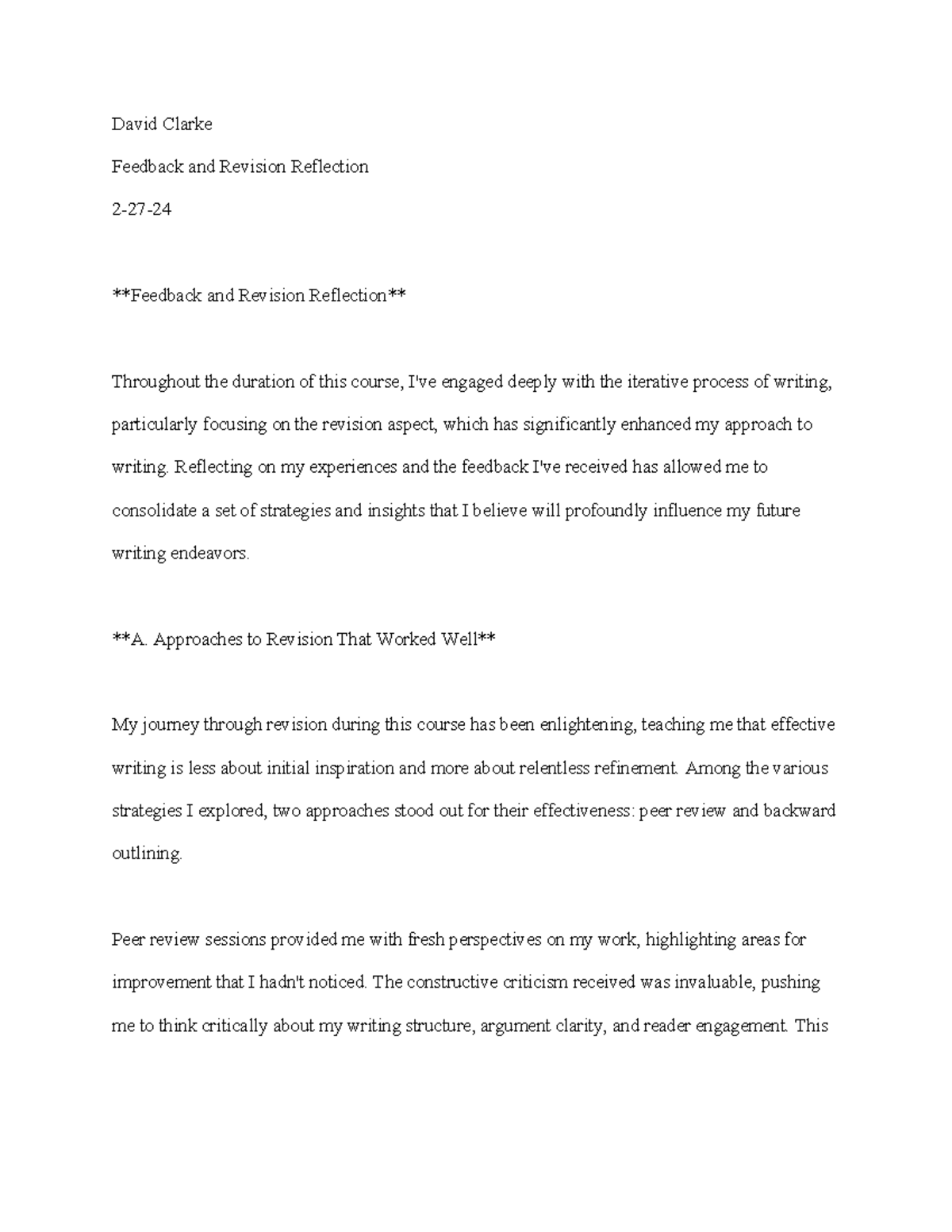 Feedback and Revision Reflection - David Clarke Feedback and Revision ...