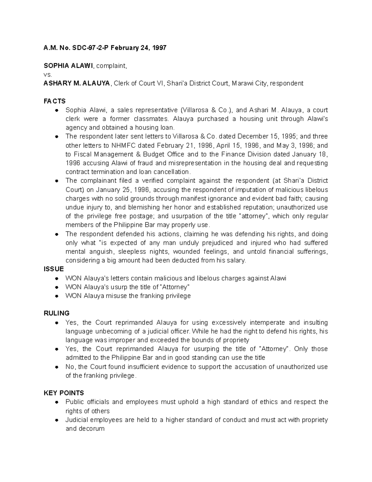 Alawi vs Alauya - Case Digest - A. No. SDC-97-2-P February 24, 1997 ...