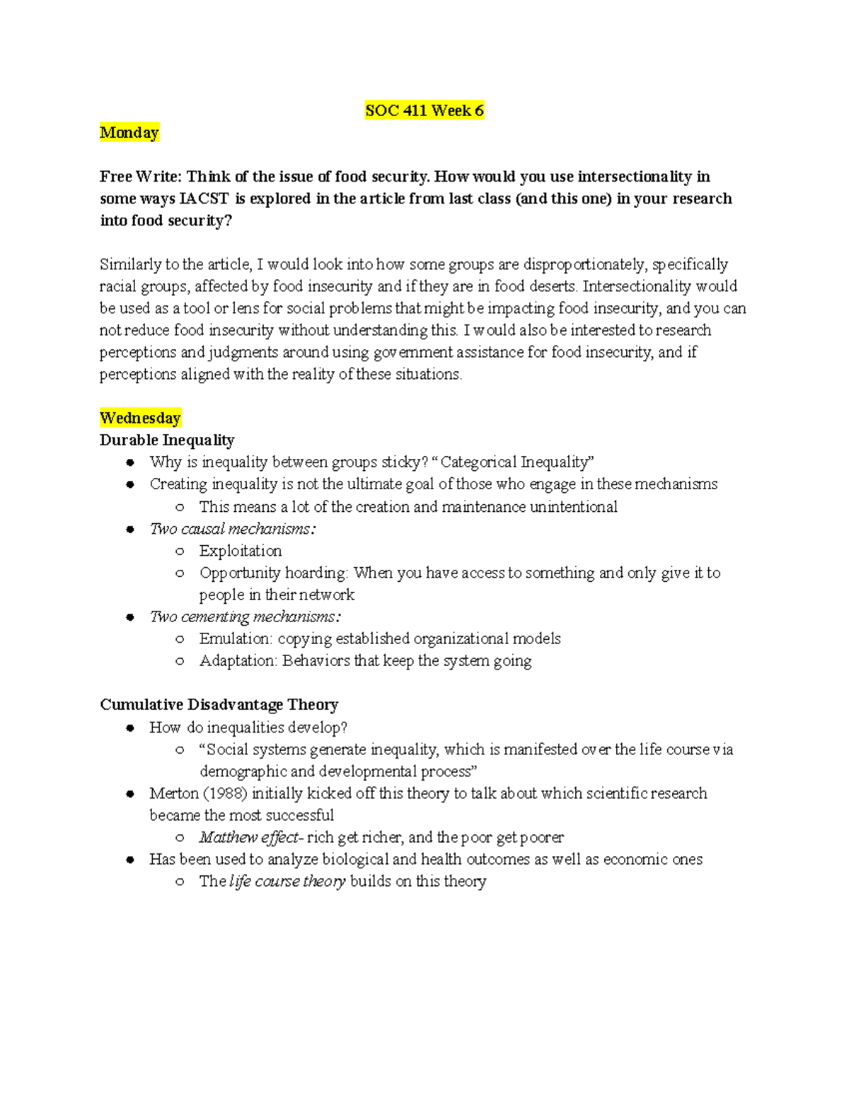 SOC 411 Week 6 - Week 6 lecture notes covering the cumulative ...
