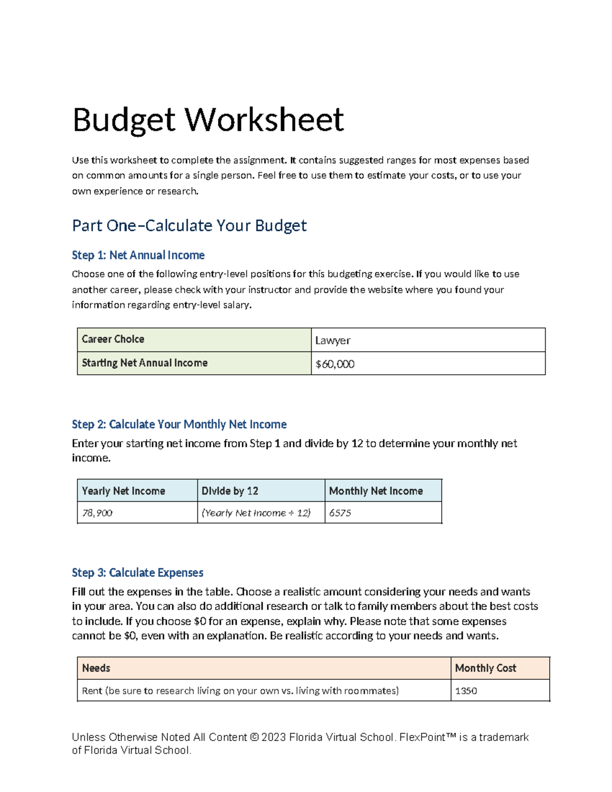 flvs budget worksheet 1.06 - Budget Worksheet Use this worksheet to ...