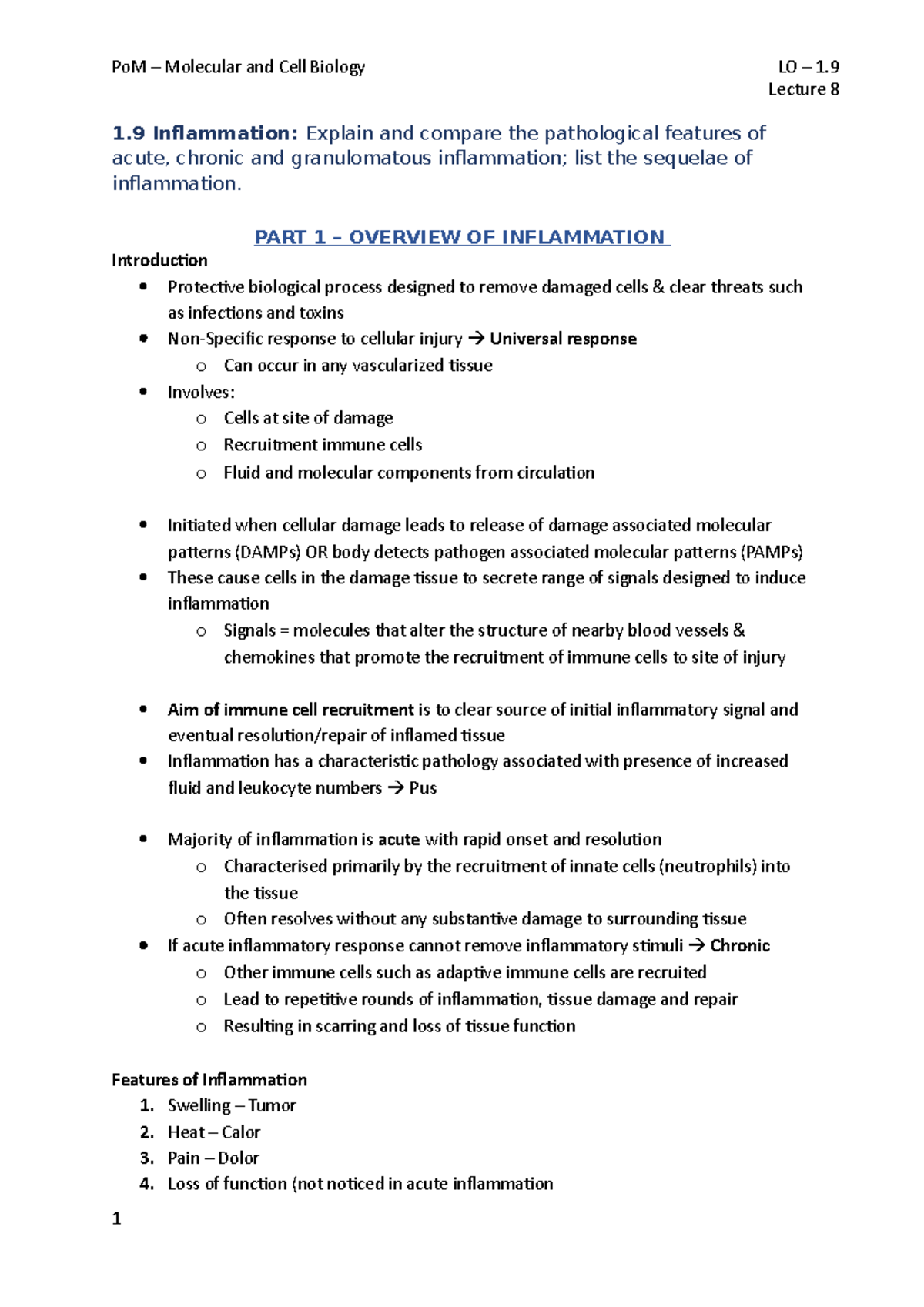 1.9 Inflammation - Lecture 8 1 Inflammation: Explain and compare the ...
