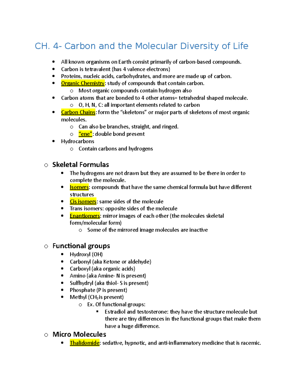 BSC 114- CH. 4 Outline - CH. 4- Carbon and the Molecular Diversity of ...