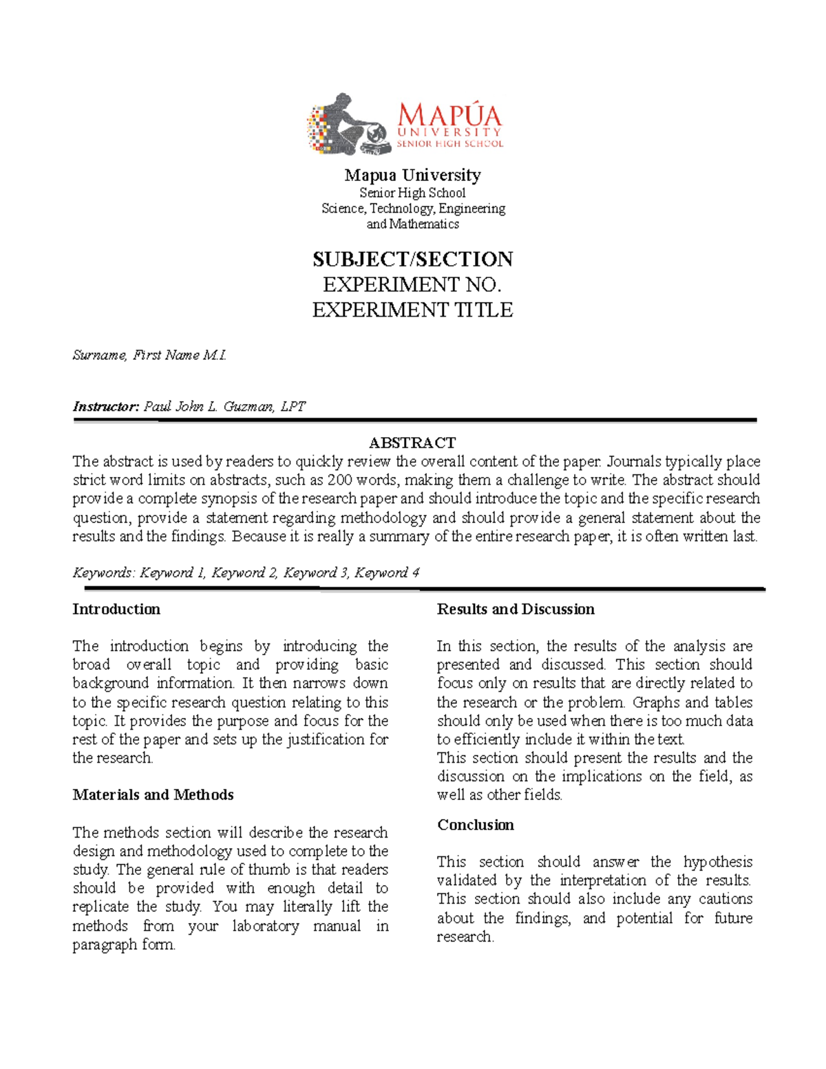 Laboratory Report Format - Mapua University Senior High School Science ...