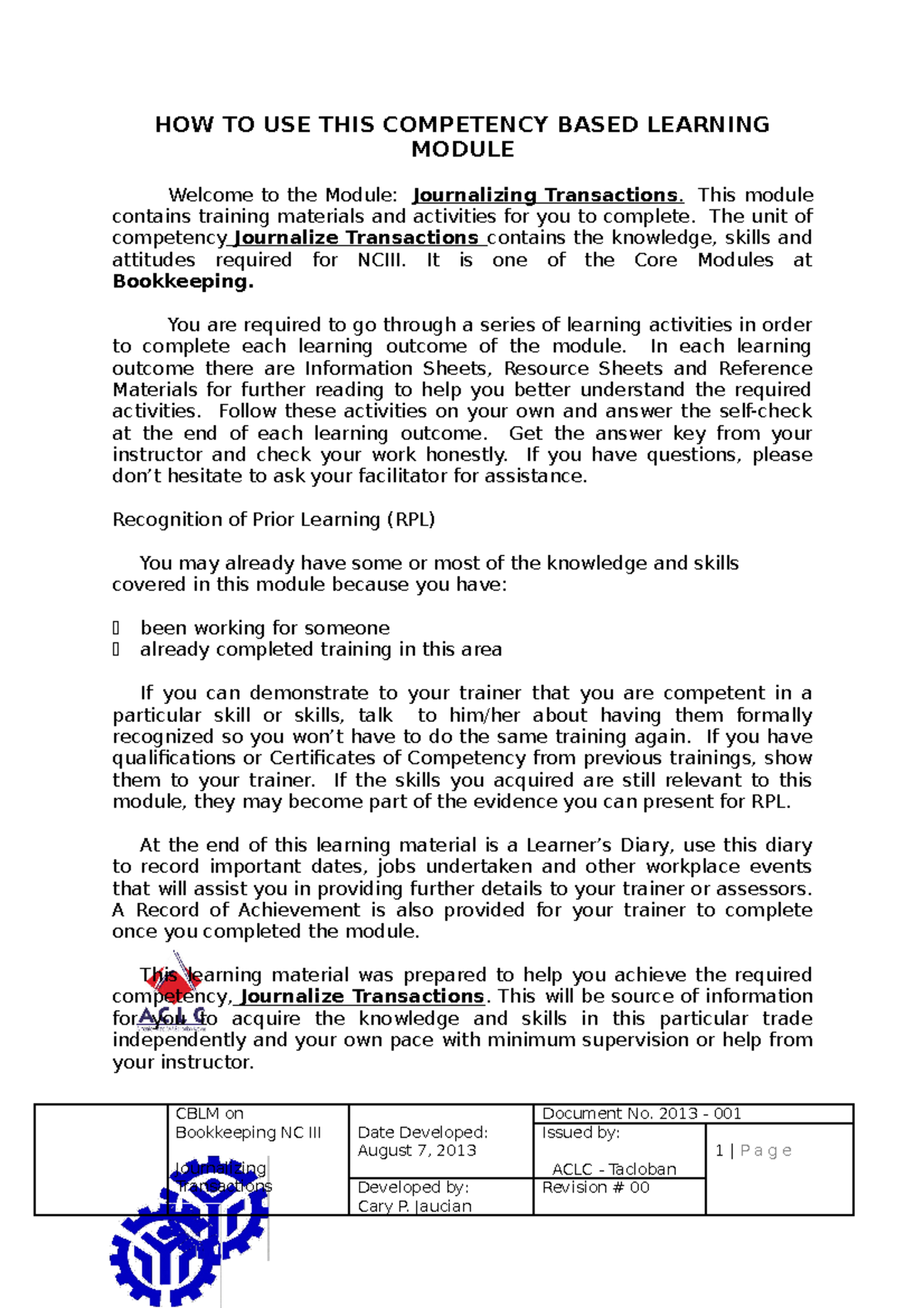 CBLM Journalizing - Lecture notes 1 - HOW TO USE THIS COMPETENCY BASED ...