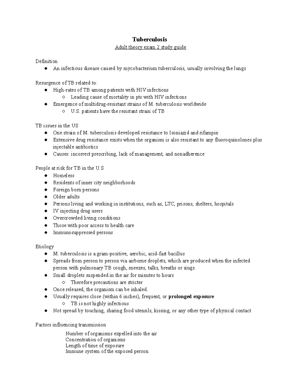 Tuberculosis-adult theory exam 2 study guide - Tuberculosis Adult ...