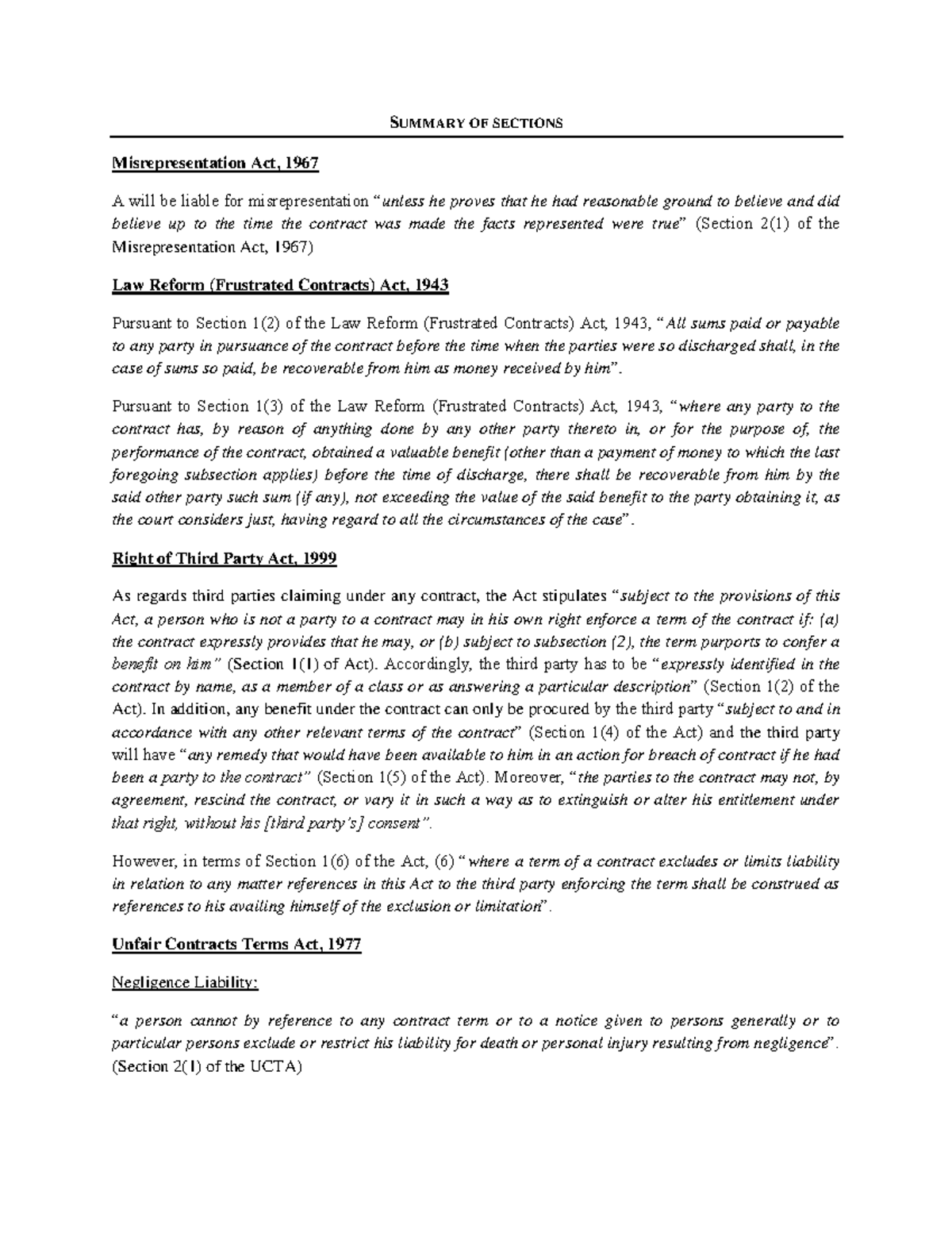 Summary of Sections - SUMMARY OF SECTIONS Misrepresentation Act, 1967 A ...