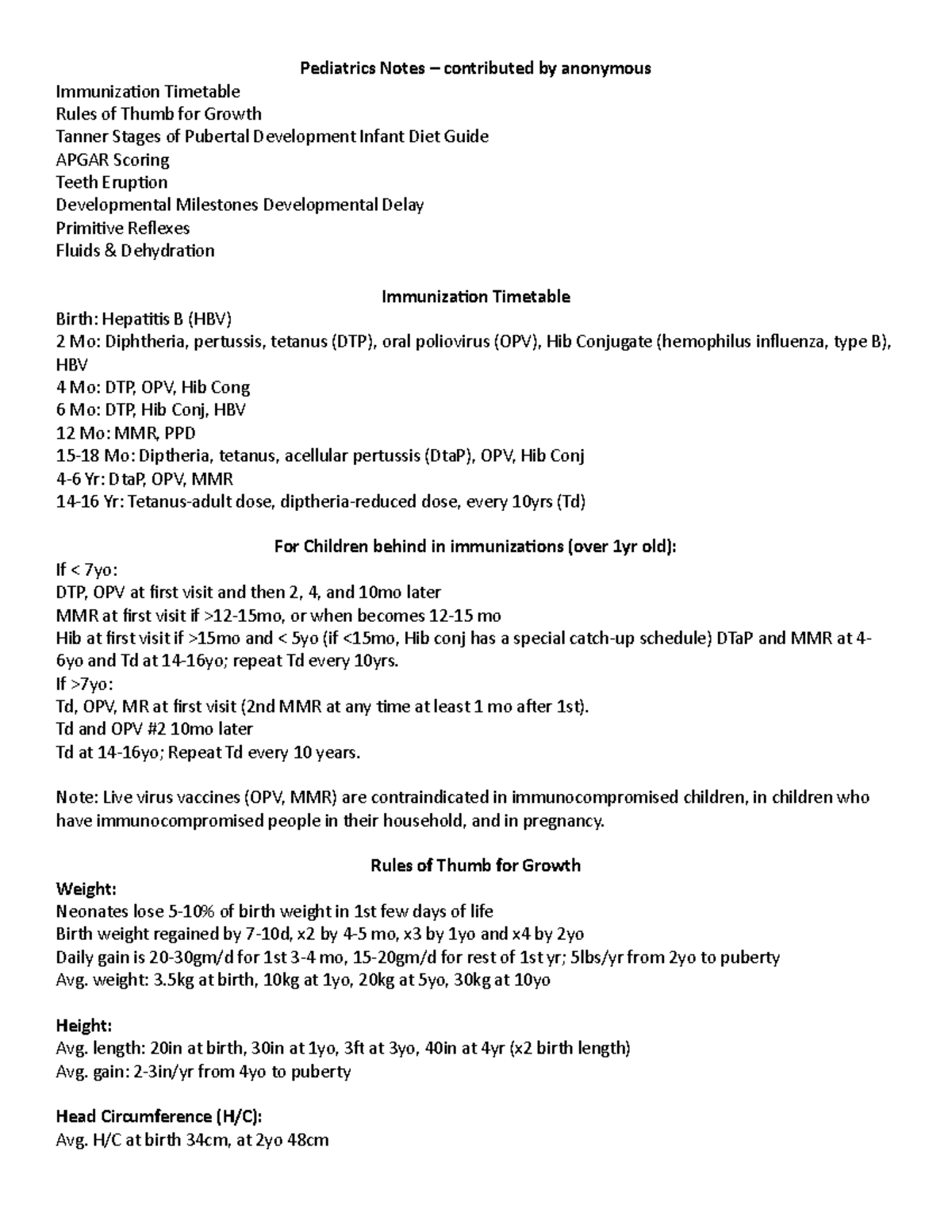 Pediatrics Review Notes - Pediatrics Notes – contributed by anonymous ...