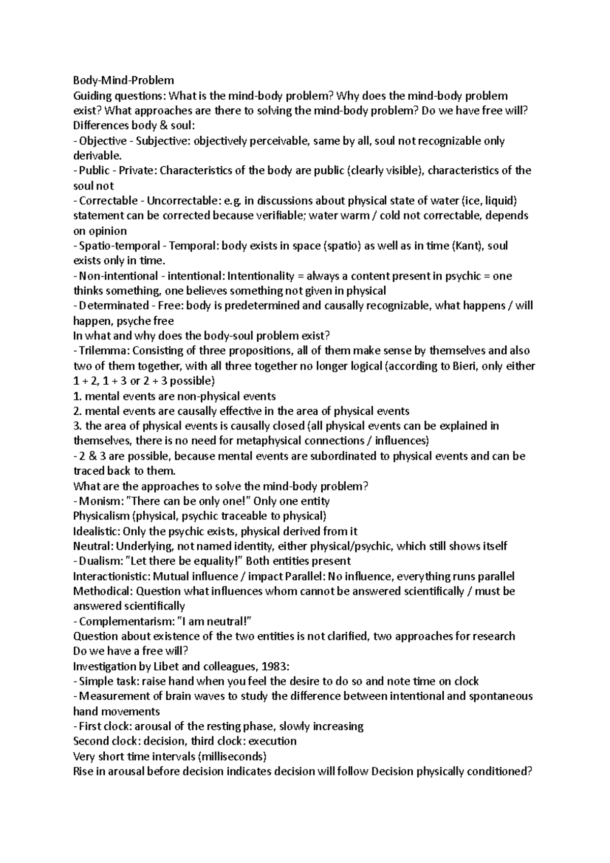 Body - General Psychology - Body-Mind-Problem Guiding questions: What ...