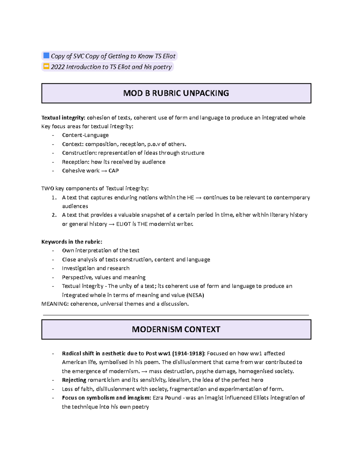 MOD B notes - Copy of SVC Copy of Getting to Know TS Eliot 2022 ...