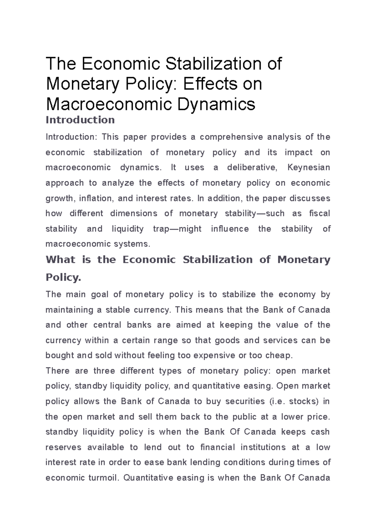 The Economic Stabilization of Monetary Policy Effects on Macroeconomic ...