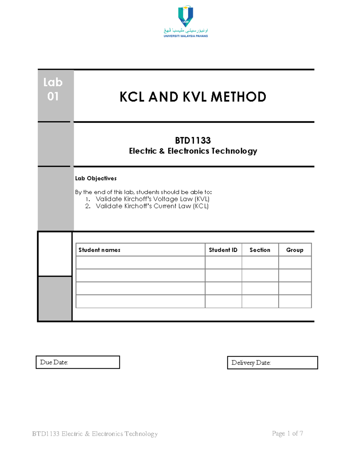 Lab 1 KCL n KVL - Labarotory - Lab 01 KCL AND KVL METHOD BTD 1133 ...