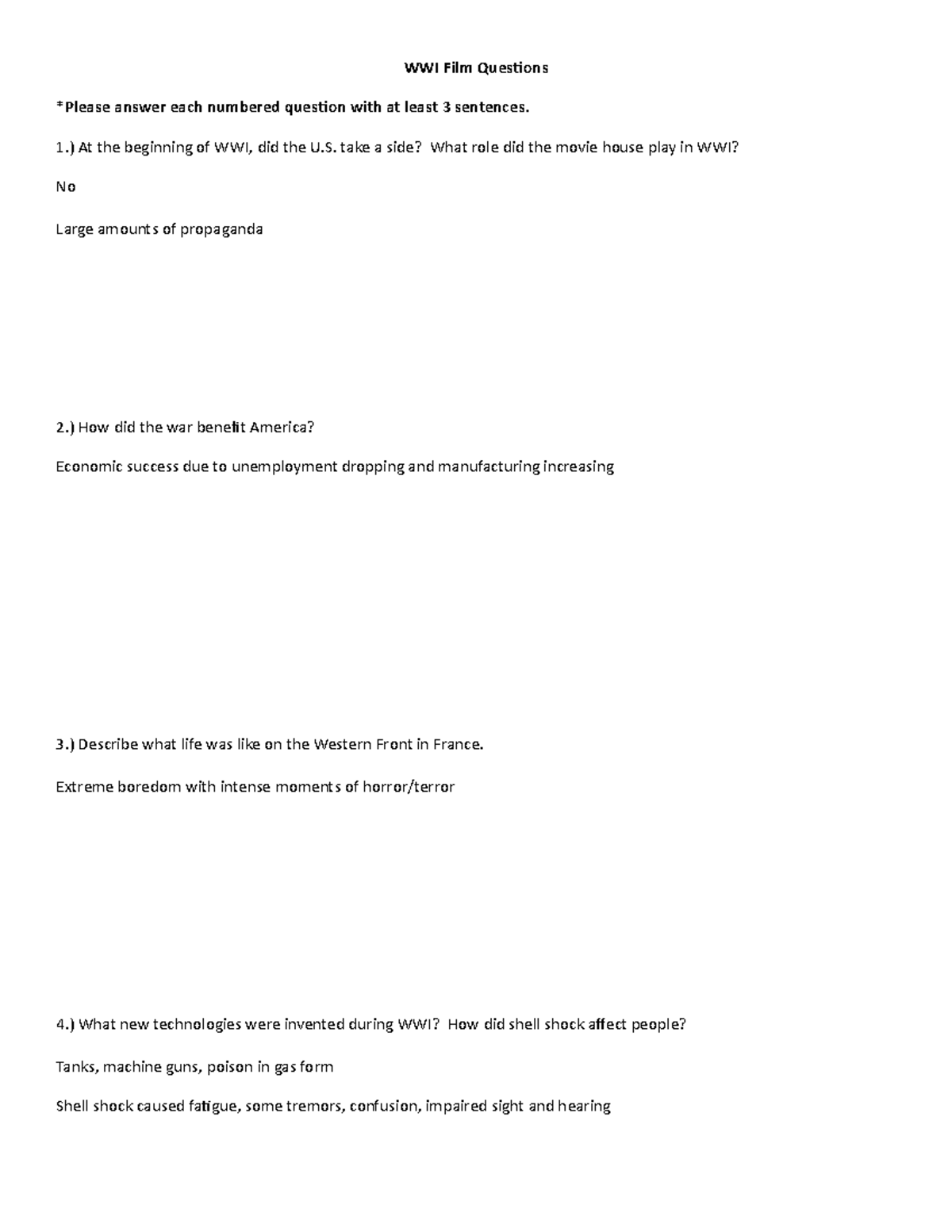 WWI Film Questions 1 - Movie Assignment - WWI Film Questions *Please ...