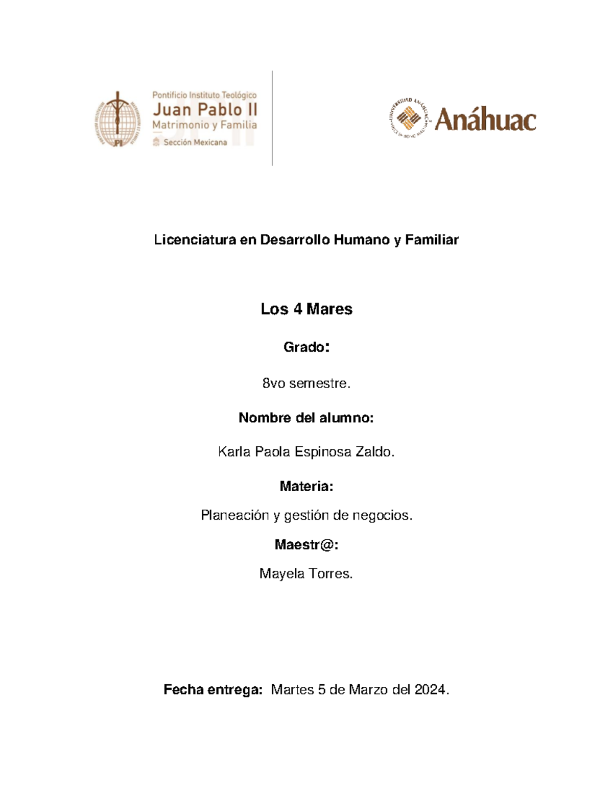 Avance- Los 4 mares - Licenciatura en Desarrollo Humano y Familiar Los ...