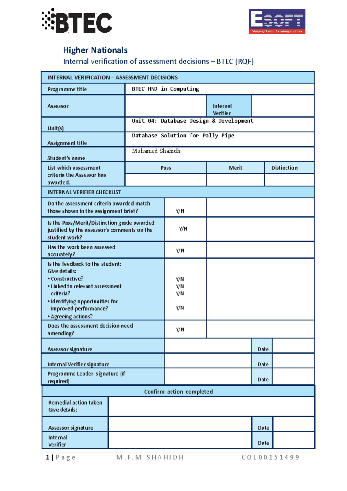 Database assignment - Higher Nationals Internal verification of ...