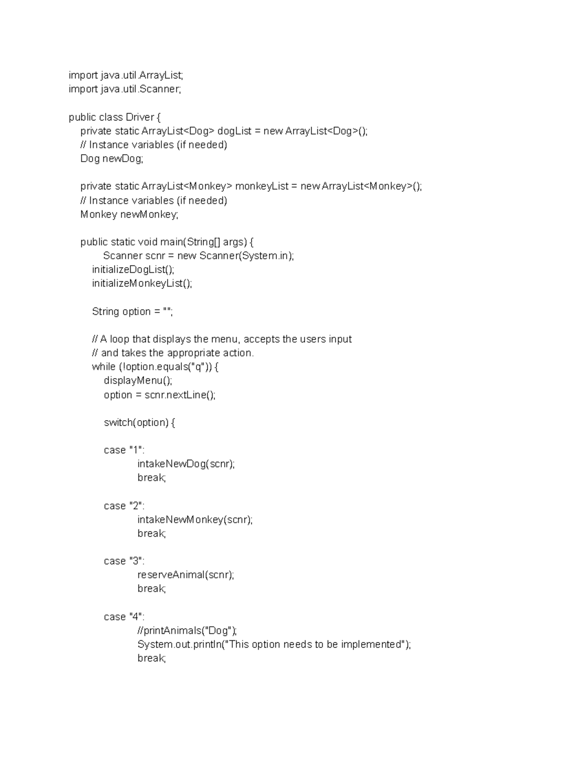 Driver Class Final Project - import java.util; import java.util; public class Driver { private ...