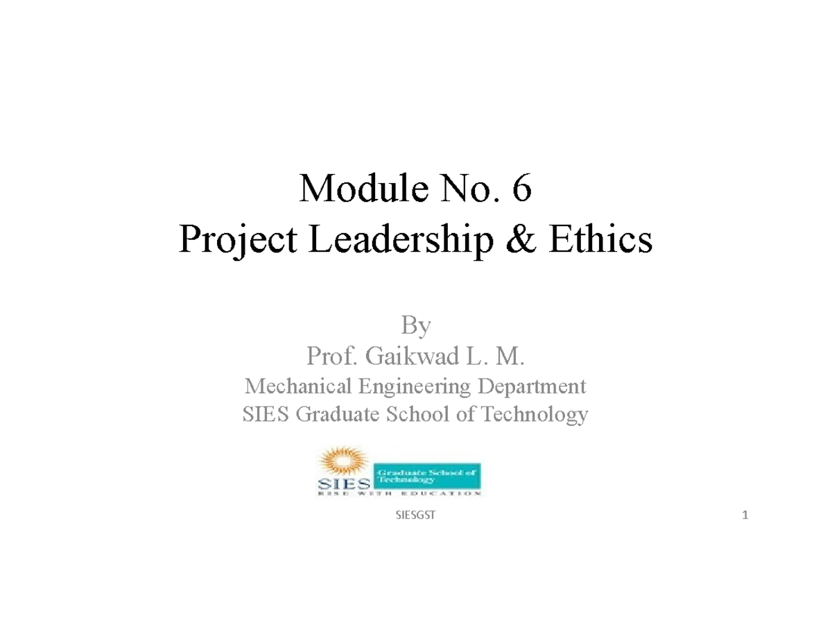 6 Project leadership and ethics - Module No. 6 Project Leadership ...