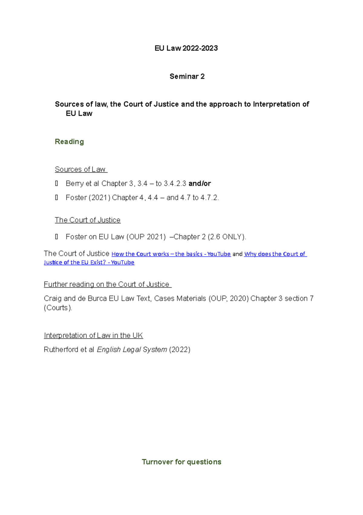 Seminar 2 - Reading and Questions - EU Law 2022- Seminar 2 Sources of ...