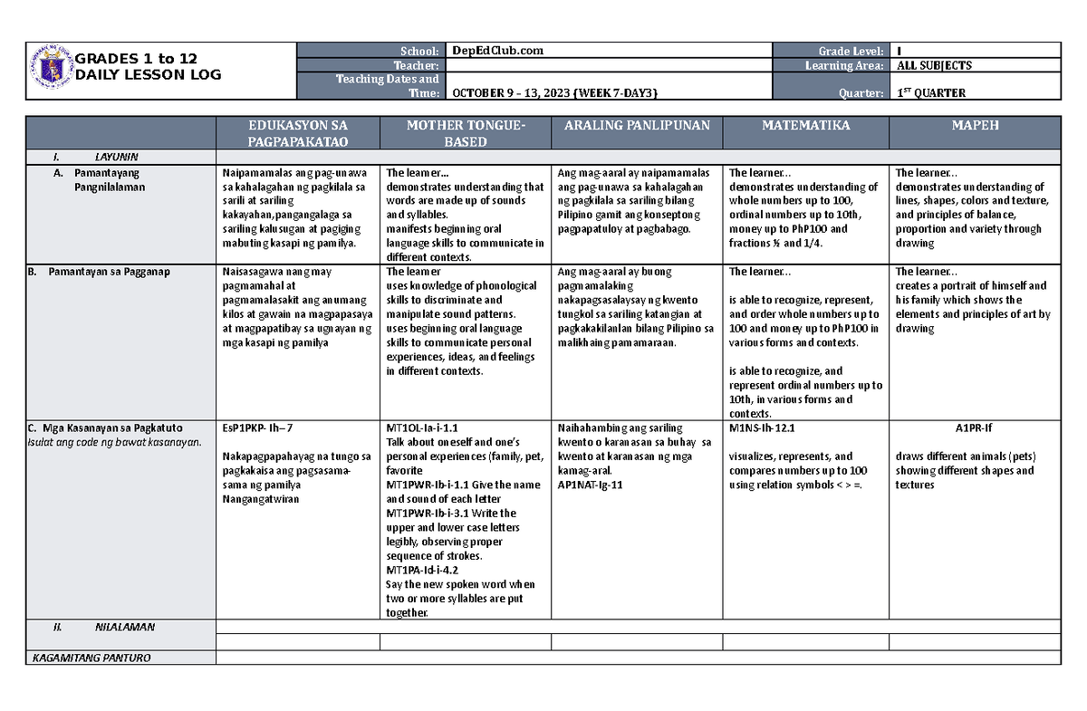 DLL ALL Subjects 1 Q1 W7 D3 - GRADES 1 to 12 DAILY LESSON LOG School: DepEdClub Grade Level: I ...