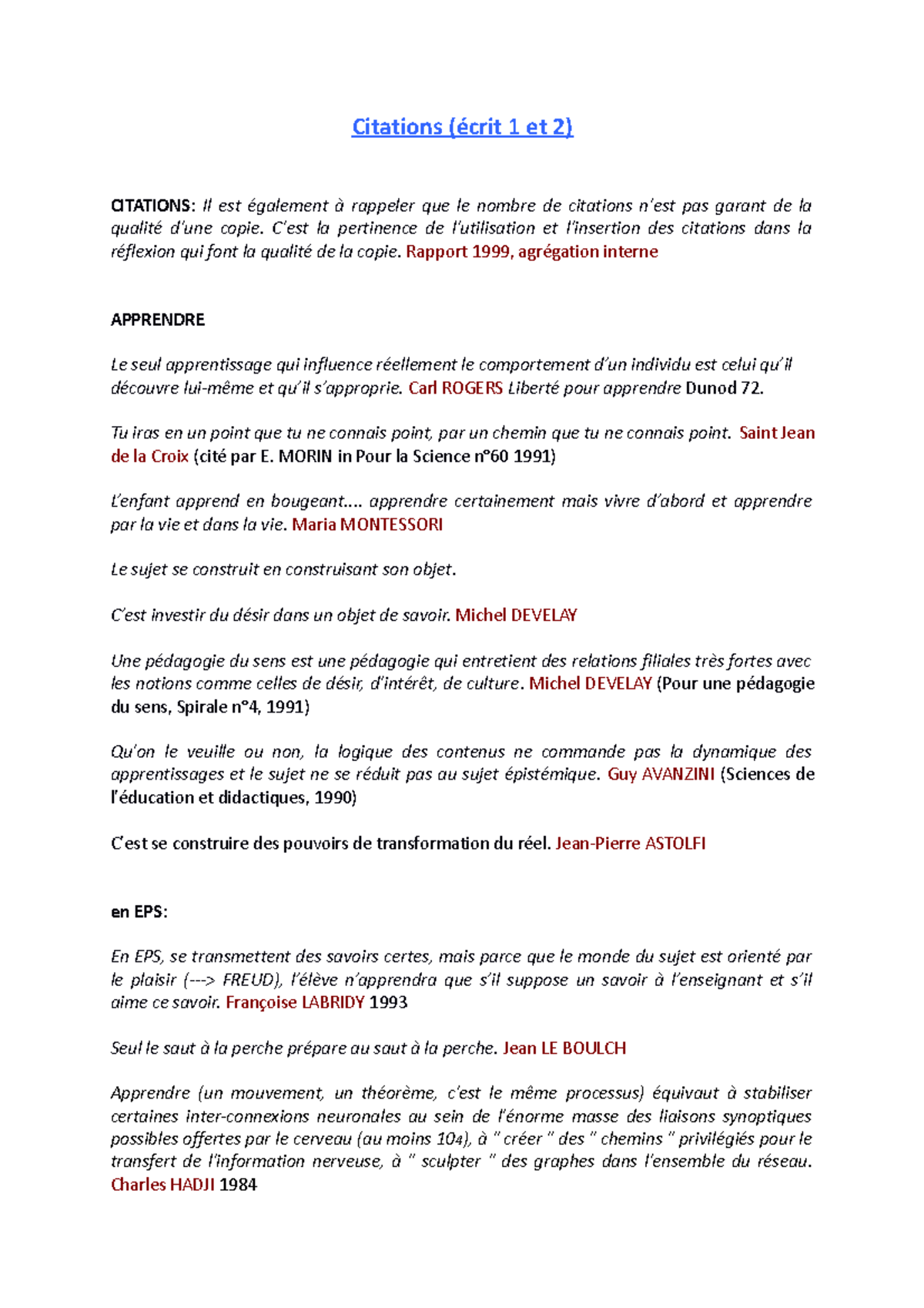 Citations E1 - E2 CAPEPS - Citations (écrit 1 et 2) CITATIONS: Il est ...