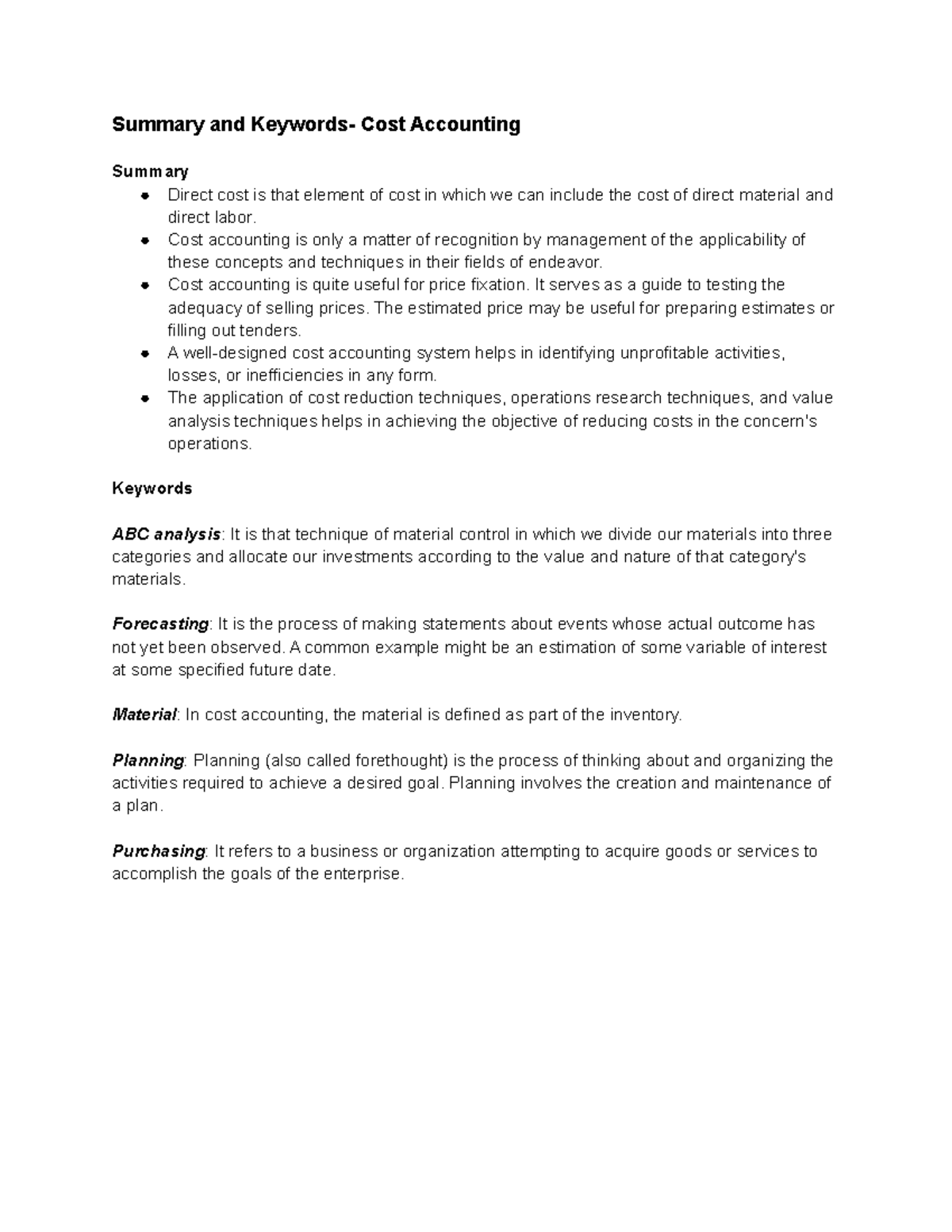Summary and Keywords- Cost Accounting - Summary and Keywords- Cost ...