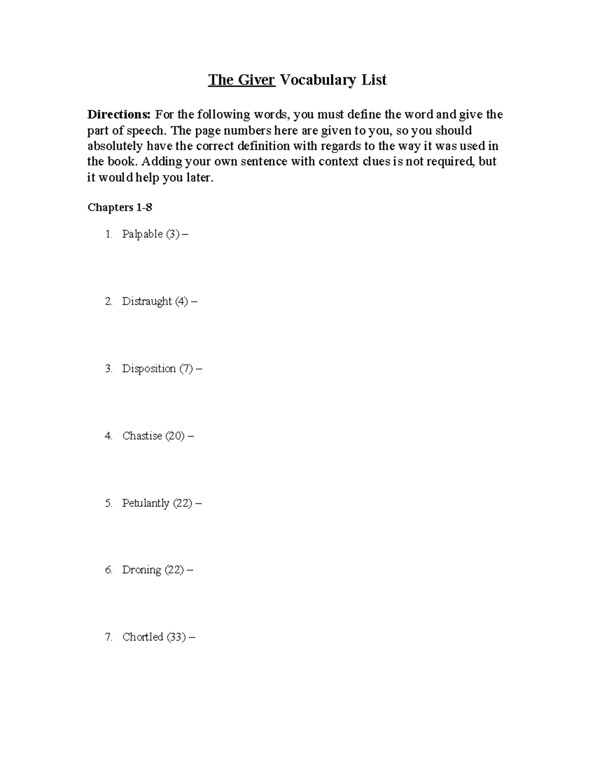 The Giver Vocabulary List - The Giver Vocabulary List Directions: For ...