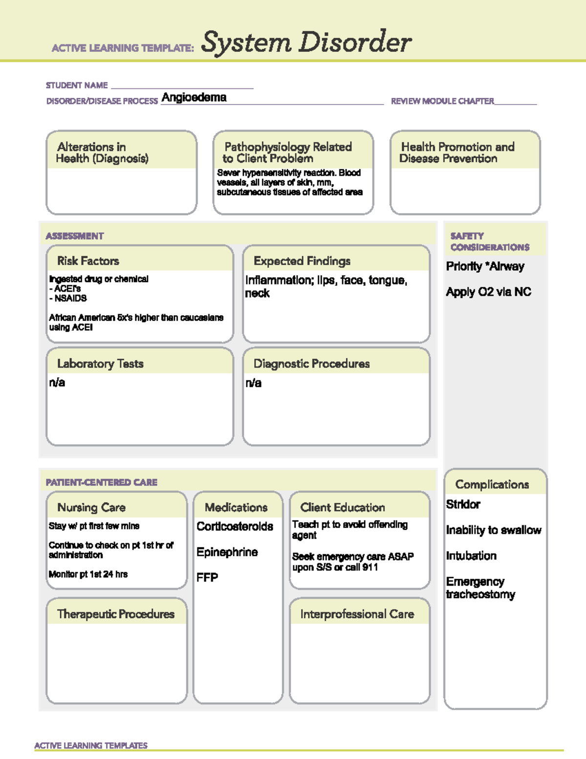 Angioedema - System Disorder - NUR 2222C - Studocu