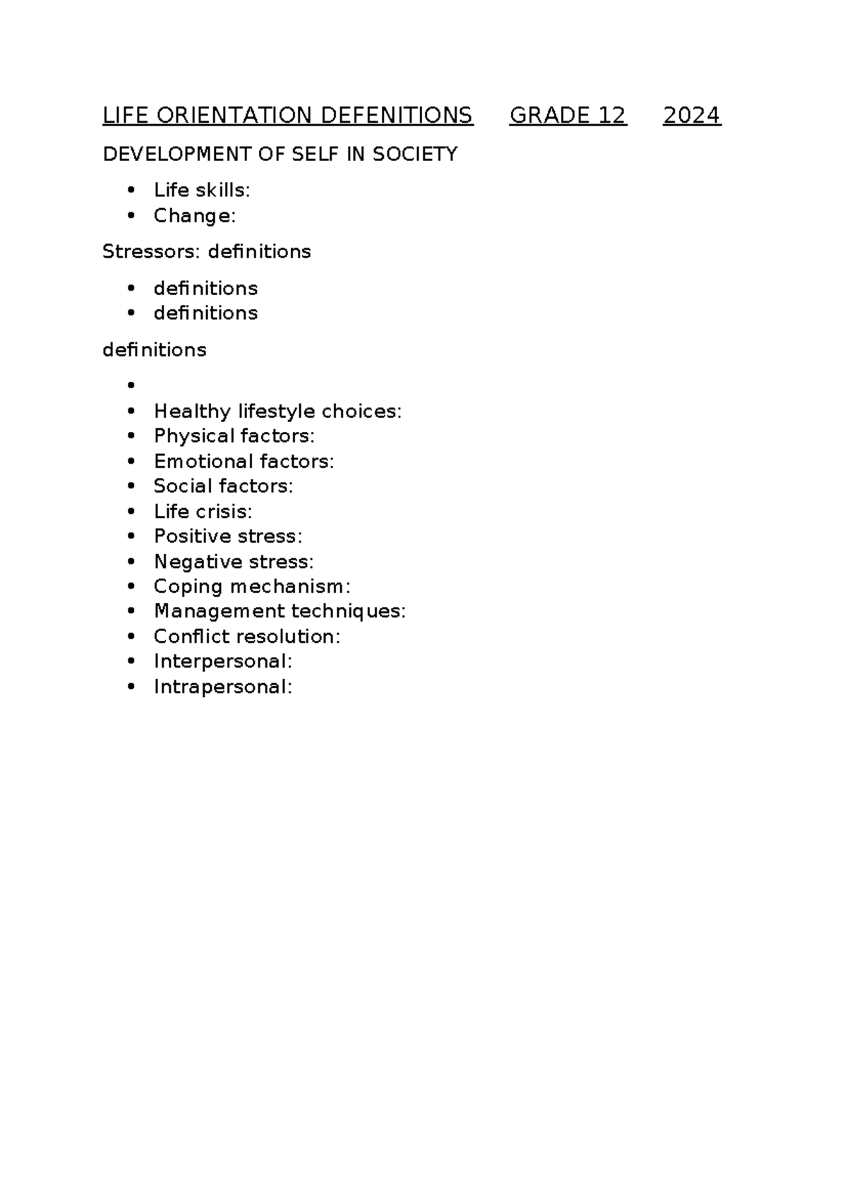5th - life orientation - LIFE ORIENTATION DEFENITIONS GRADE 12 2024 ...