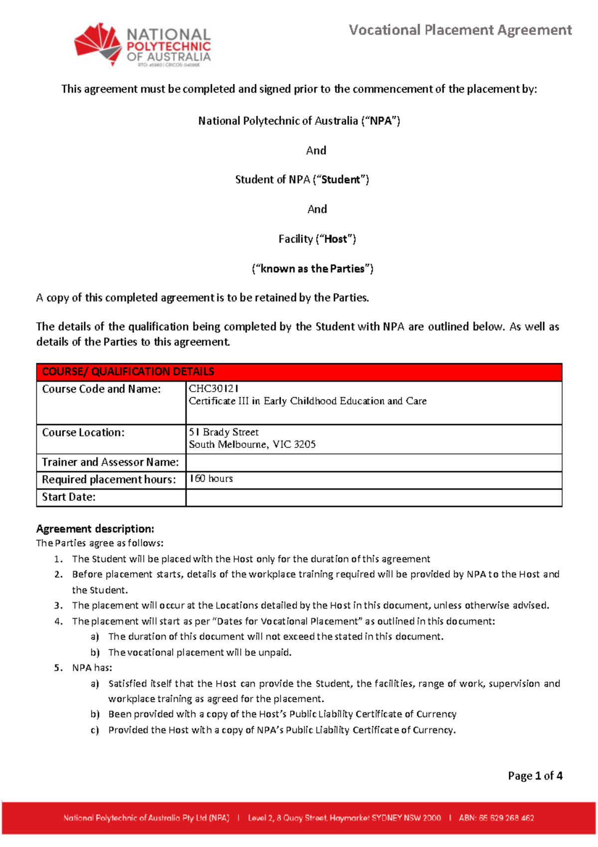 Vocational Placement Agreement Saveen Lal NP00000990 - This agreement ...