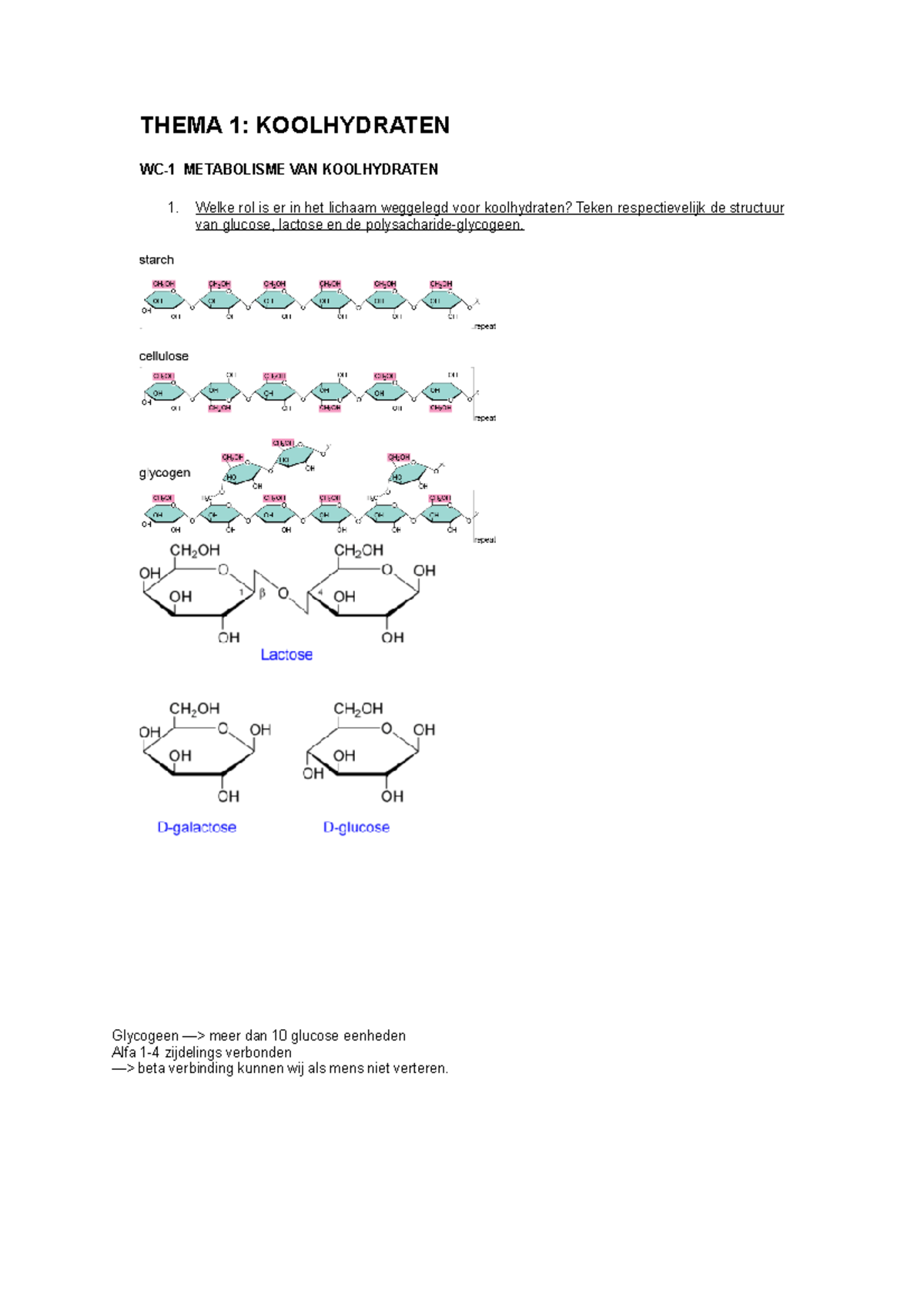 Voeding - THEMA 1: KOOLHYDRATEN WC-1 METABOLISME VAN KOOLHYDRATEN 1 ...